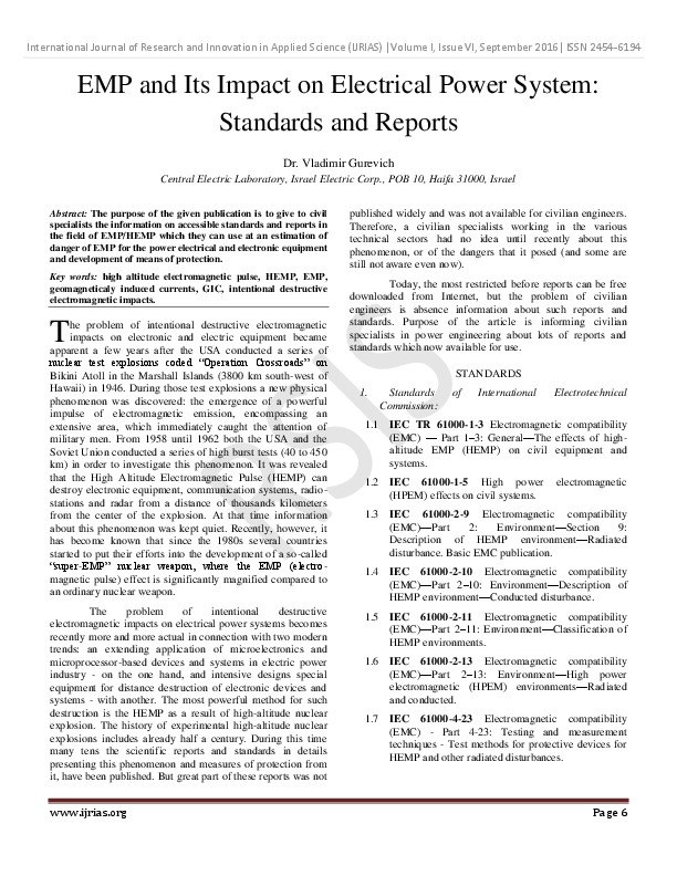 (PDF) EMP and Its Impact on Electrical Power System: Standards and Reports
