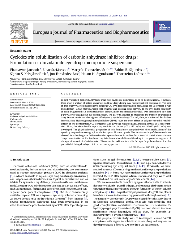 (PDF) Cyclodextrin solubilization of carbonic anhydrase inhibitor drugs ...