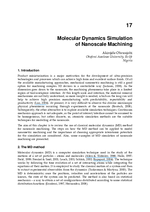 (PDF) Molecular Dynamics Simulation of Nanoscale Machining