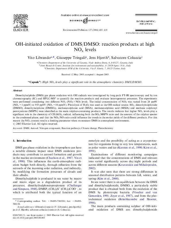 (PDF) OH-initiated oxidation of DMS/DMSO: reaction products at high NOx ...