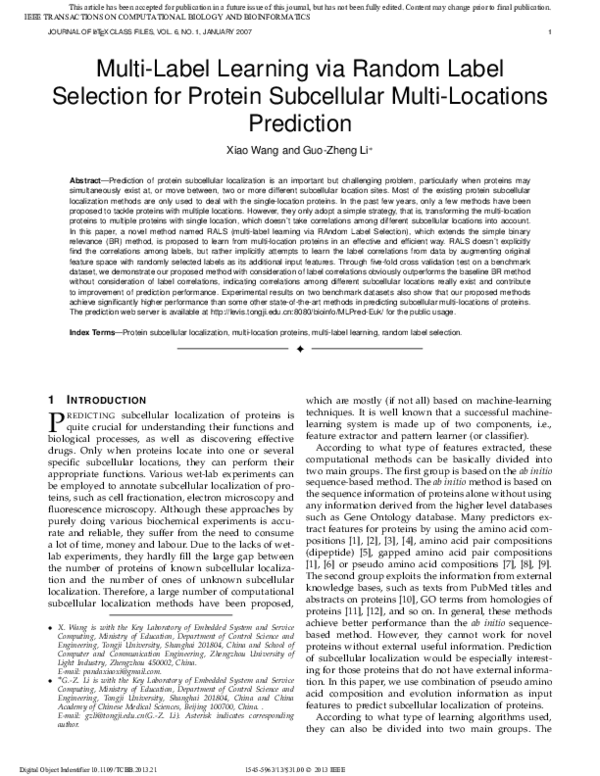 Pdf Multi Label Learning For Protein Subcellular Location Prediction