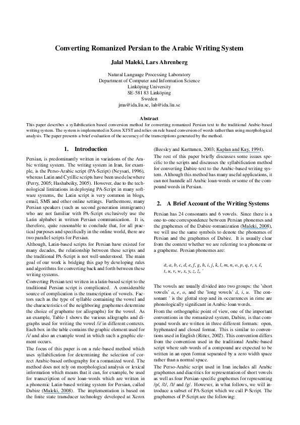 (PDF) Converting Romanized Persian to the Arabic Writing Systems