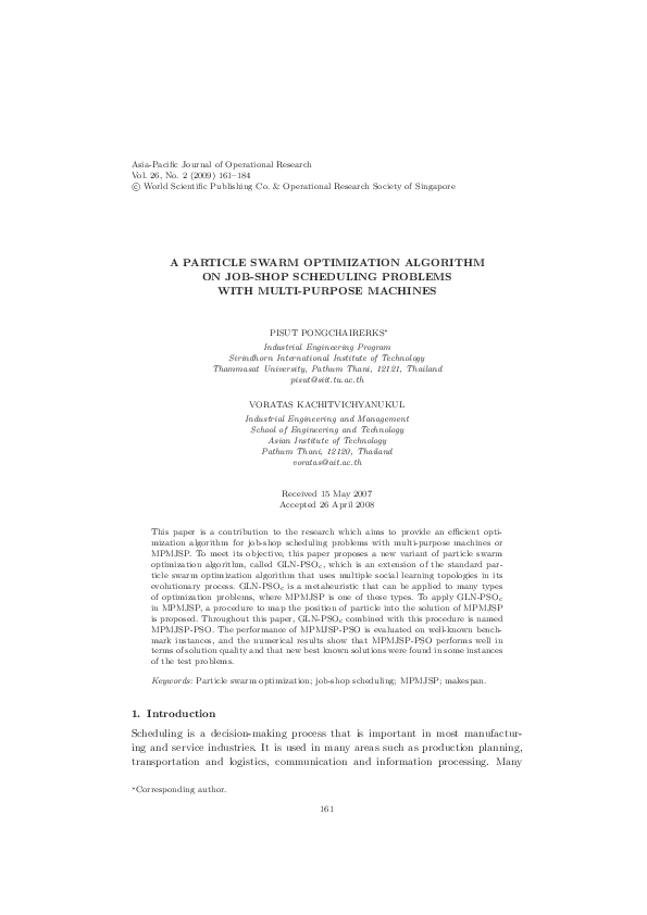 Pdf A Particle Swarm Optimization Algorithm On Job Shop Scheduling Problems With Multi Purpose
