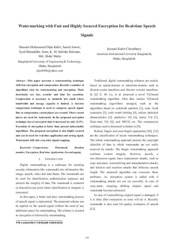 Pdf Watermarking With Fast And Highly Secured Encryption For Real Time Speech Signals