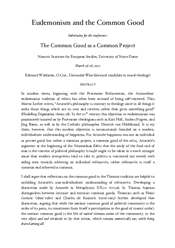 (PDF) Eudemonism and the Common Good (Abstract) | Edmund Waldstein, O ...