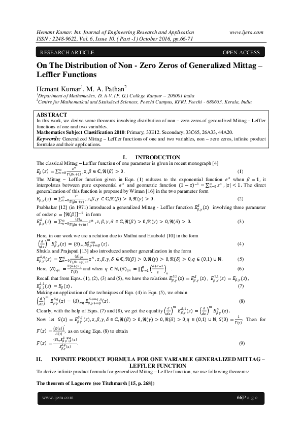 Pdf On The Distribution Of Non Zero Zeros Of Generalized Mittag Leffler Functions