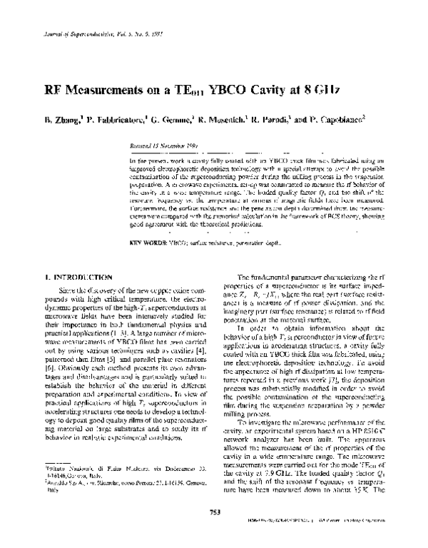 (PDF) RF measurements on a TE011 YBCO cavity at 8 GHz