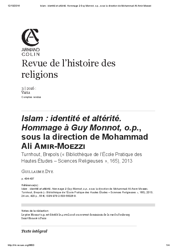 (PDF) compte rendu de Mohammad Ali Amir-Moezzi (éd.), Islam : identité et altérité. Hommage à ...