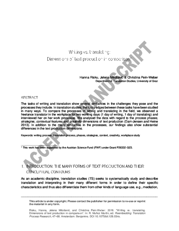(PDF) Writing vs. translating: Dimensions of text production in comparison
