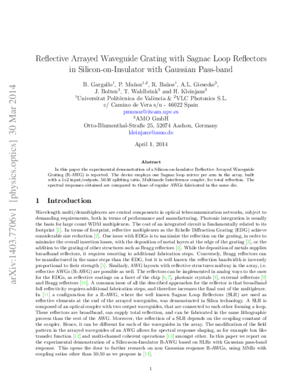 Pdf Reflective Arrayed Waveguide Grating With Sagnac Loop Reflectors In Silicon On Insulator