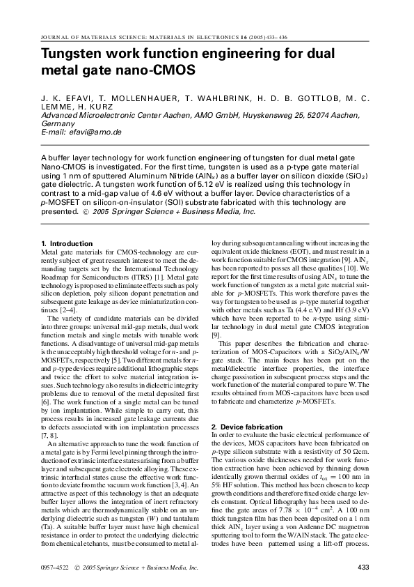 (PDF) Tungsten work function engineering for dual metal gate nano-CMOS ...