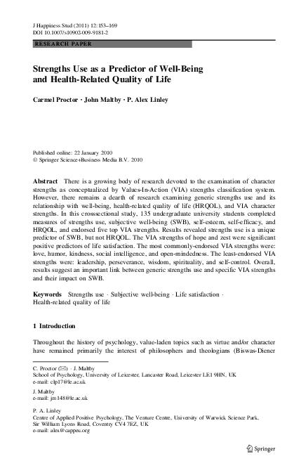 (PDF) Strengths Use as a Predictor of Well-Being and Health-Related ...