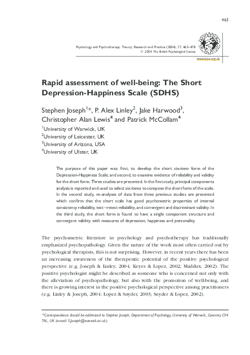 (PDF) Rapid assessment of well-being: The Short Depression-Happiness ...