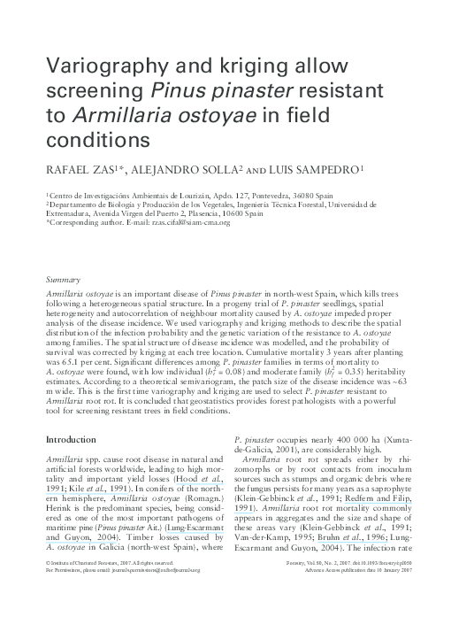 (PDF) Variography and kriging allow screening Pinus pinaster resistant to Armillaria ostoyae in ...
