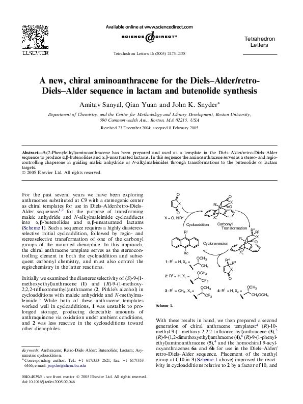 (PDF) A new, chiral aminoanthracene for the Diels–Alder/retro-Diels ...
