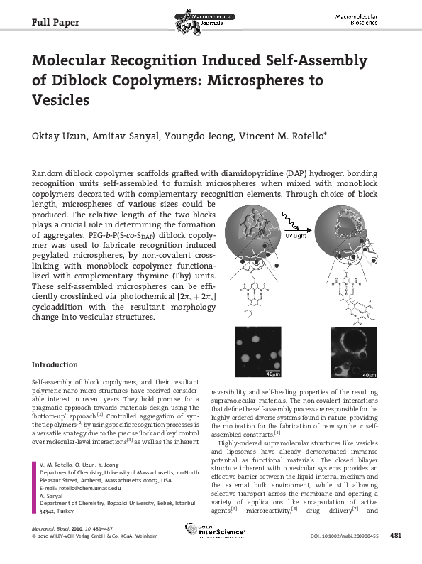 (PDF) Molecular Recognition Induced Self-Assembly of Diblock Copolymers: Microspheres to Vesicles