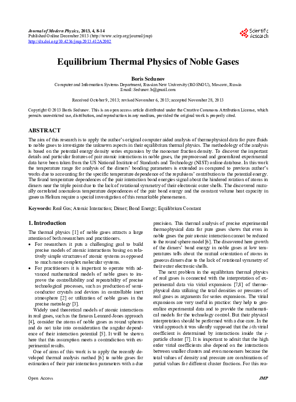 (PDF) Equilibrium Thermal Physics of Noble Gases