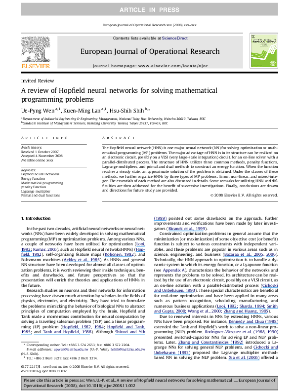 Pdf A Review Of Hopfield Neural Networks For Solving Mathematical