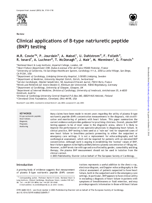 (PDF) Clinical applications of B-type natriuretic peptide (BNP) testing