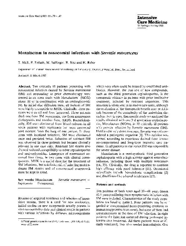 (PDF) Moxalactam in nosocomial infections with Serratia marcescens
