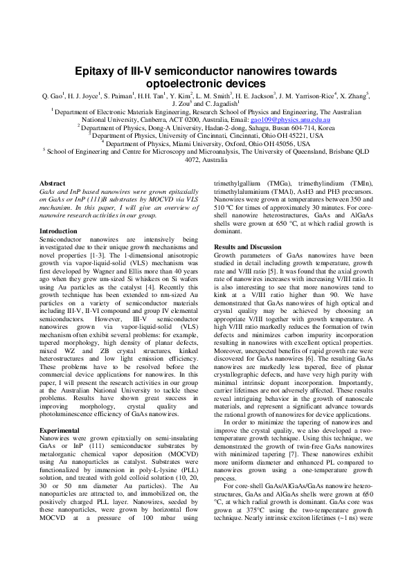 (PDF) Epitaxy of III-V semiconductor nanowires towards optoelectronic devices