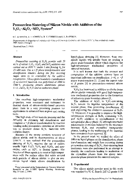 (PDF) Pressureless sintering of silicon nitride with additives of the Y2O3 Al2O3 SiO2 system