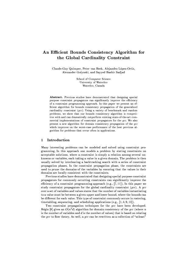 Pdf An Efficient Bounds Consistency Algorithm For The Global Cardinality Constraint