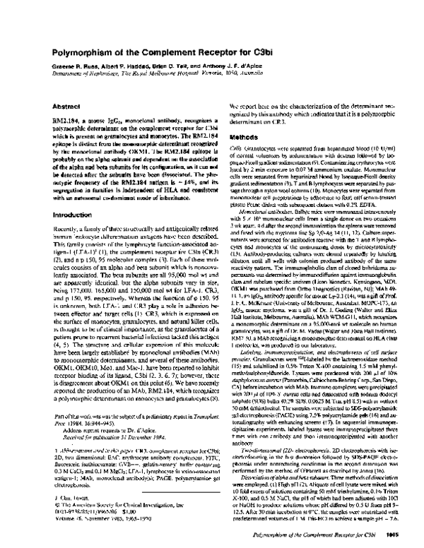 (PDF) Polymorphism of the complement receptor for C3bi