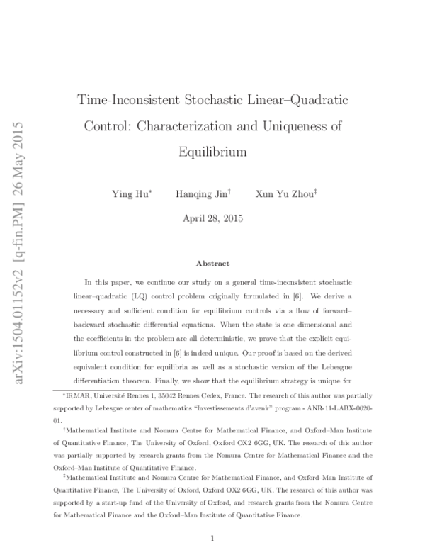 Pdf The Uniqueness Of Equilibrium For Time Inconsistent Stochastic