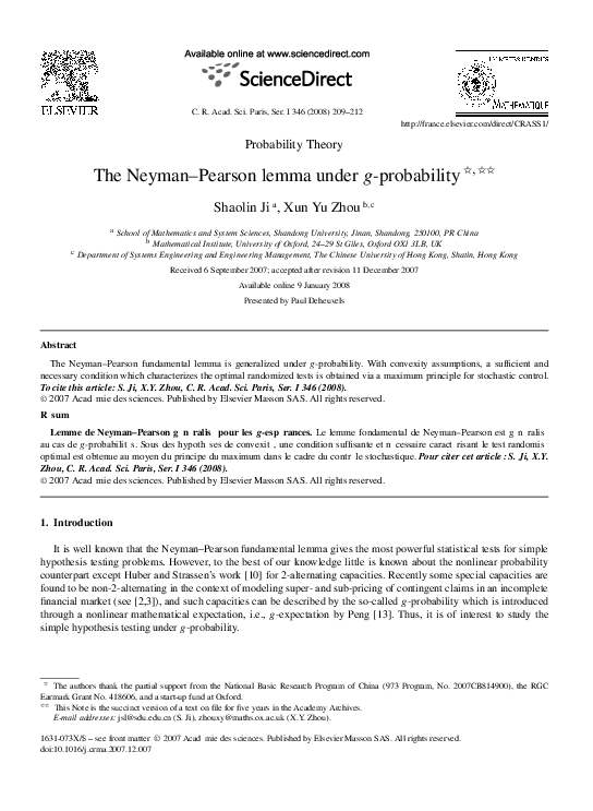 (PDF) The Neyman–Pearson lemma under g-probability