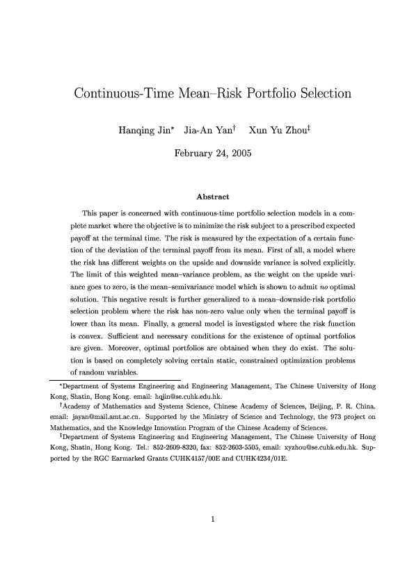 (PDF) Continuous-time mean–risk portfolio selection