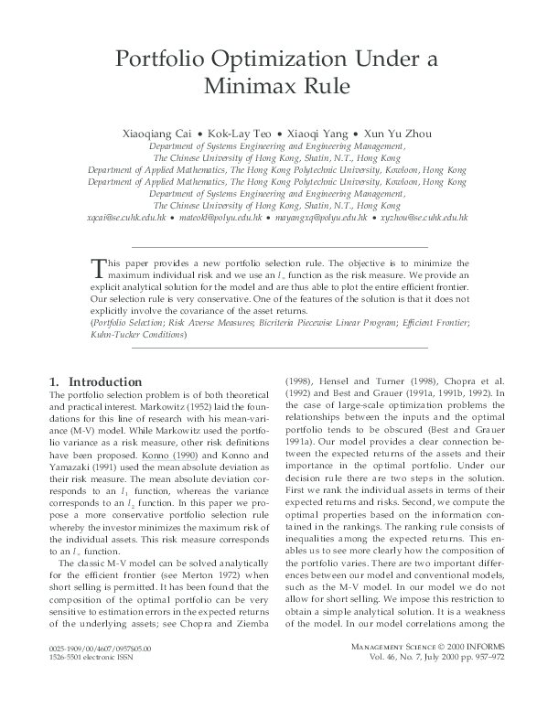 (PDF) Portfolio Optimization Under a Minimax Rule