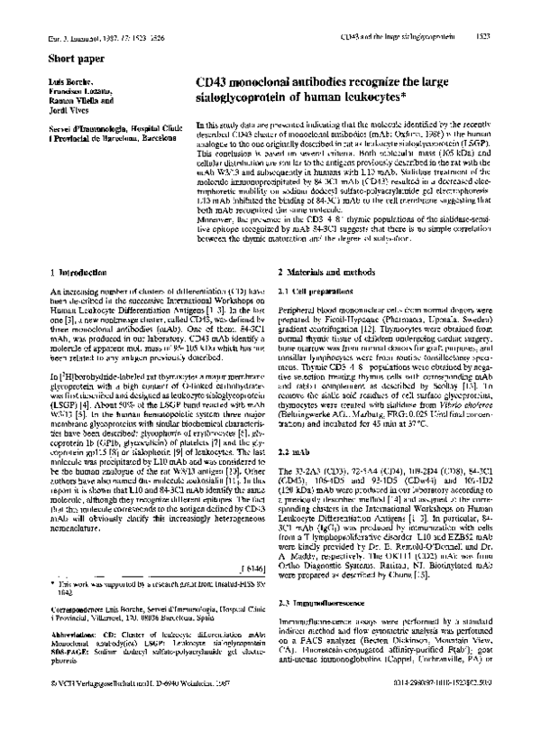 (PDF) CD43 monoclonal antibodies recognize the large sialoglycoprotein ...