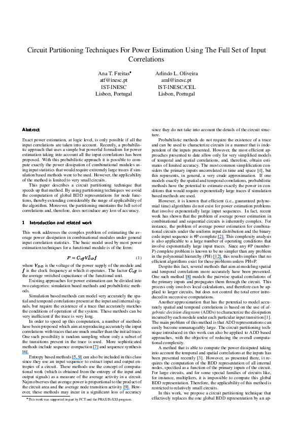 Pdf Circuit Partitioning Techniques For Power Estimation Using The Full Set Of Input Correlations