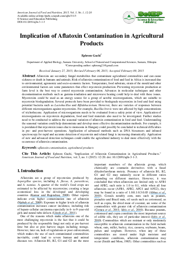 Pdf Implication Of Aflatoxin Contamination In Agricultural Products