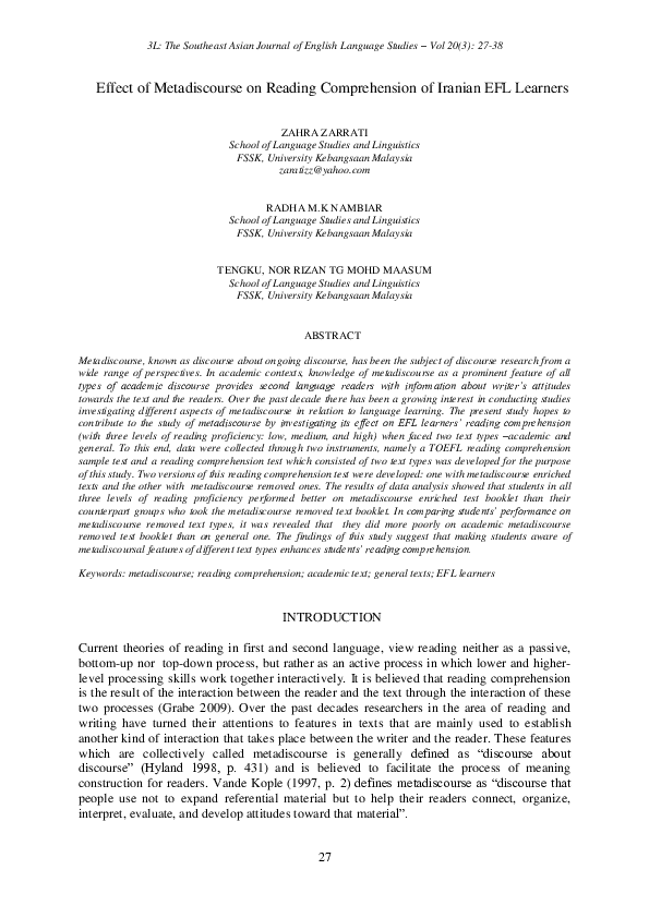 (PDF) Effect of Metadiscourse on Reading Comprehension of Iranian EFL Learners