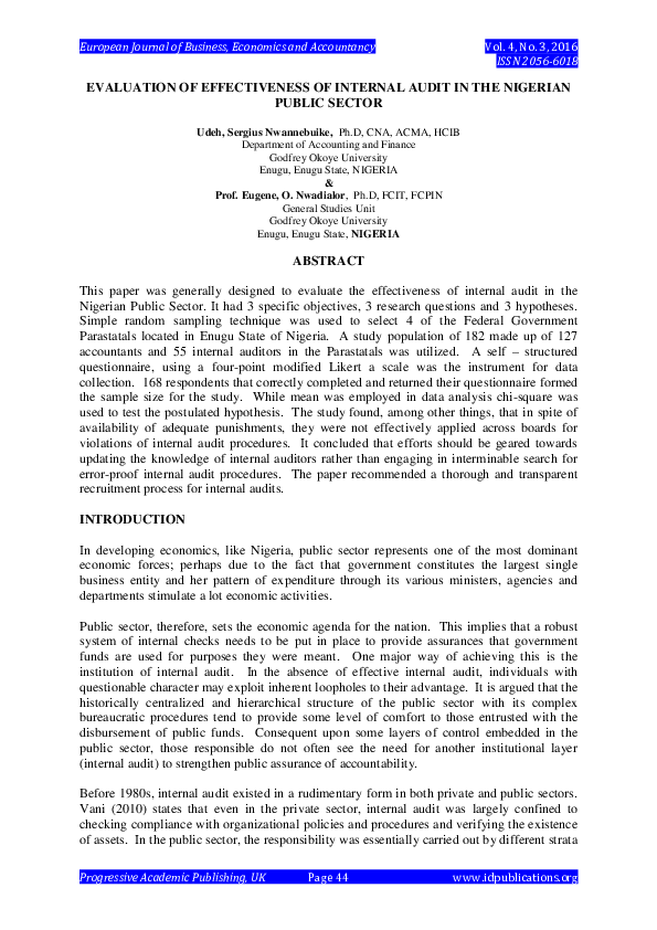 (PDF) EVALUATION OF EFFECTIVENESS OF INTERNAL AUDIT IN THE NIGERIAN ...