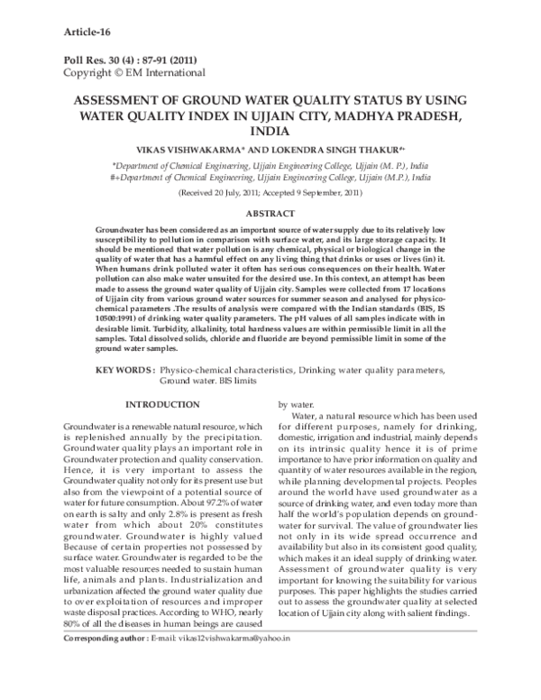 Pdf Assessment Of Ground Water Quality Status By Using Water Quality Index In Ujjain City
