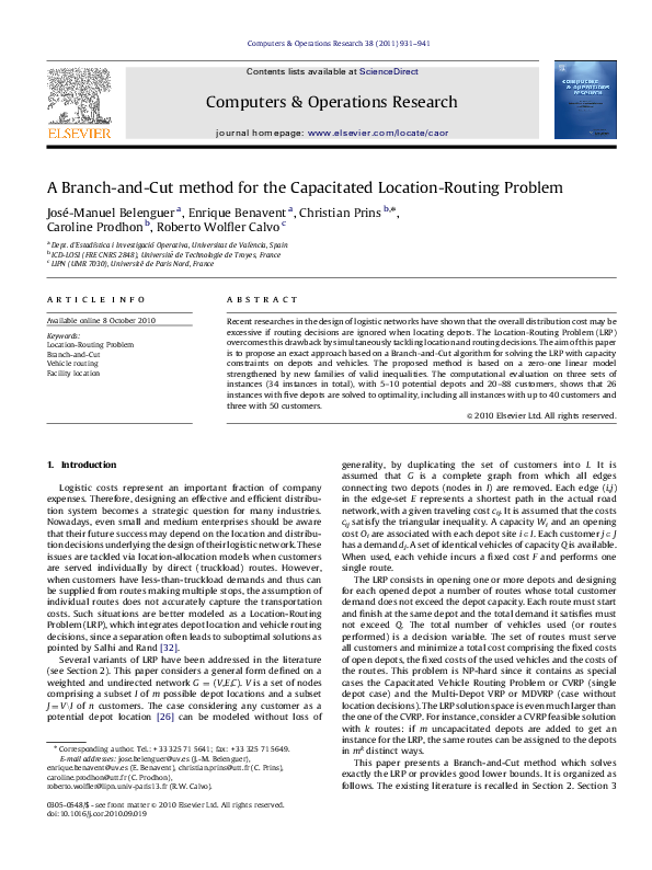 (PDF) A Branch-and-Cut method for the Capacitated Location-Routing Problem