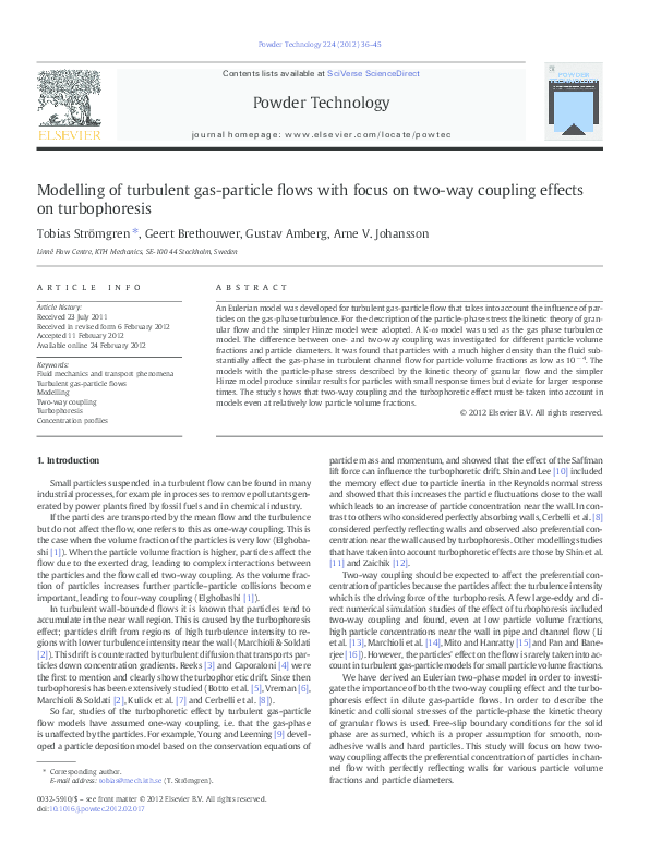 (PDF) Modelling of turbulent gas-particle flows with focus on two-way coupling effects on ...