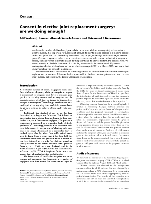 (PDF) Consent in elective joint replacement surgery: are we doing enough