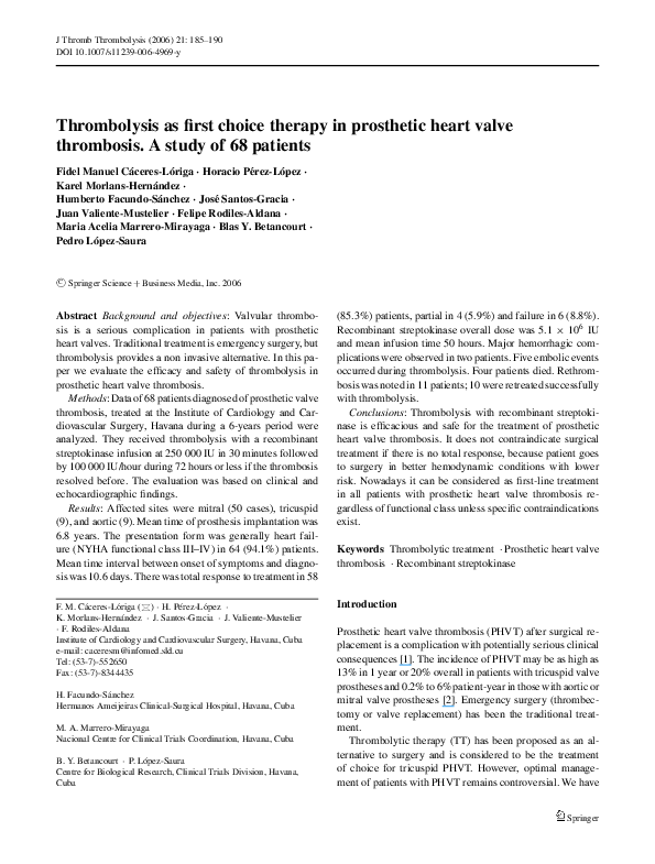 (PDF) Thrombolysis as first choice therapy in prosthetic heart valve ...