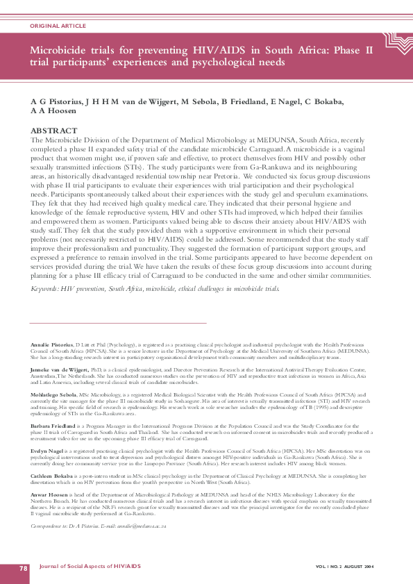 (PDF) Microbicide trials for preventing HIV/AIDS in South Africa: Phase ...