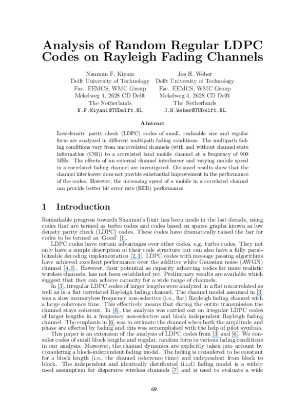 (PDF) Analysis of random regular LDPC codes on Rayleigh fading channels