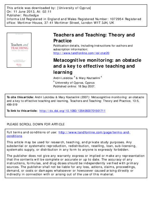 Pdf Metacognitive Monitoring An Obstacle And A Key To Effective Teaching And Learning
