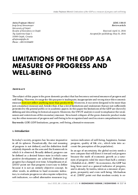 (PDF) Limitations of the GDP as a measure of progress and well being