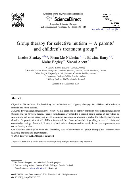 (PDF) Group therapy for selective mutism – A parents' and children's ...
