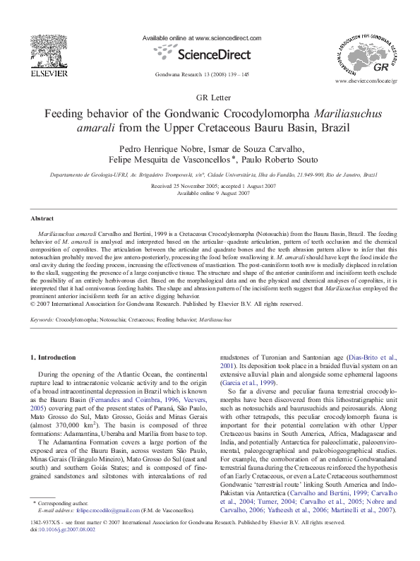 (PDF) Feeding behavior of the Gondwanic Crocodylomorpha Mariliasuchus ...