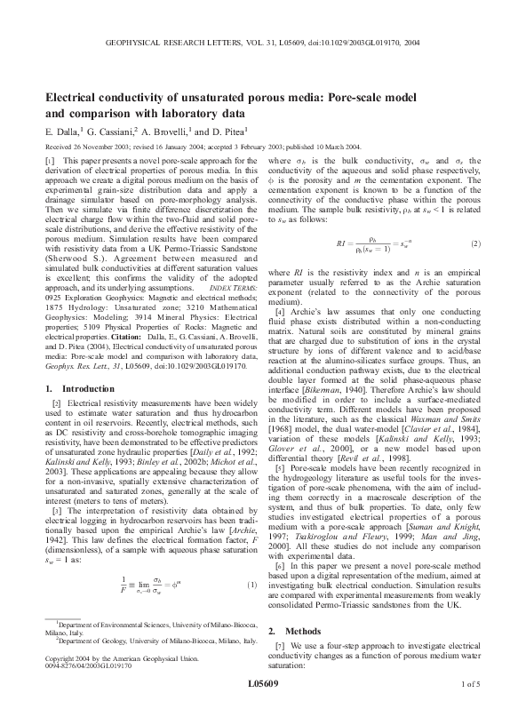 Pdf Electrical Conductivity Of Unsaturated Porous Media Pore Scale