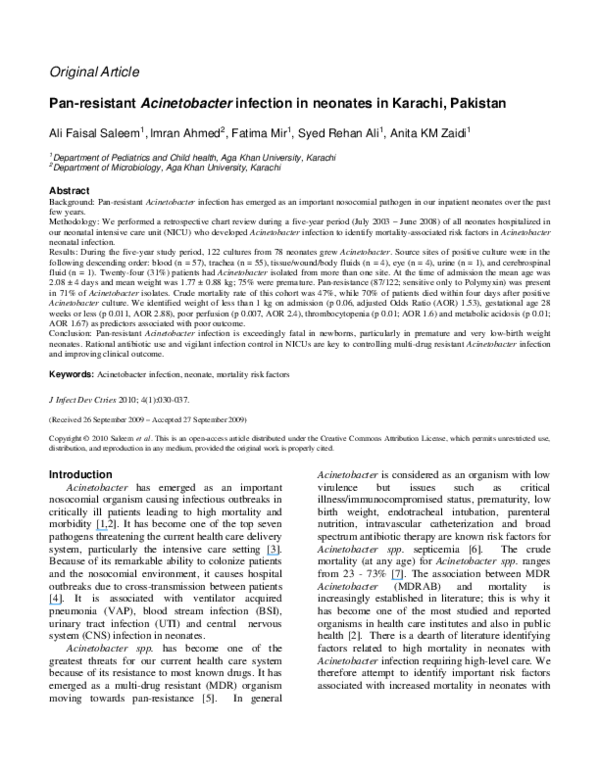 (PDF) Pan-resistant Acinetobacter Infection in Neonates in Karachi ...